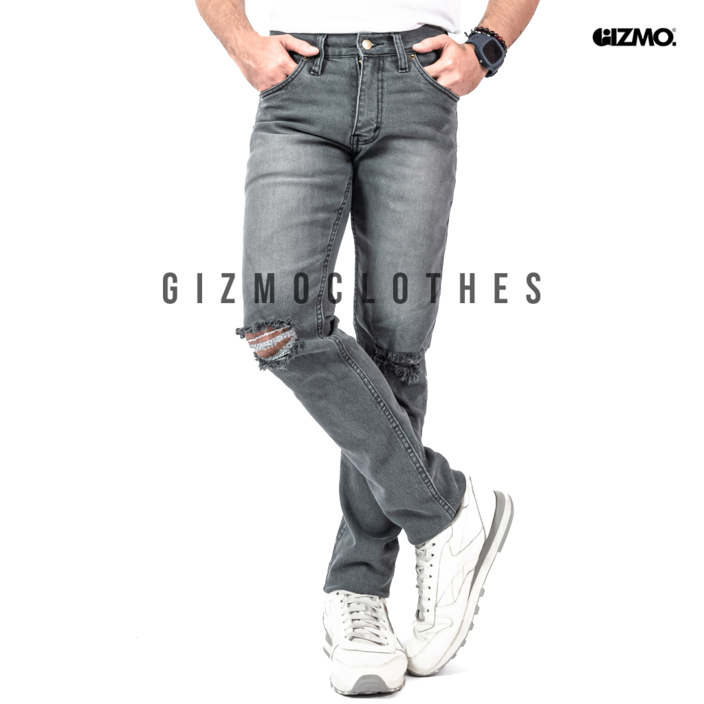 Jual Gizmo - Celana Sobek Pria Grey Stone Ripped Jeans Robek Lutut Soft ...