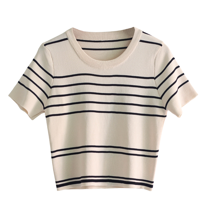 Jual The Monseur Gallery Kaos Rajut Lengan Pendek Wanita Import Knit Crop Top Striped T-shirt ...
