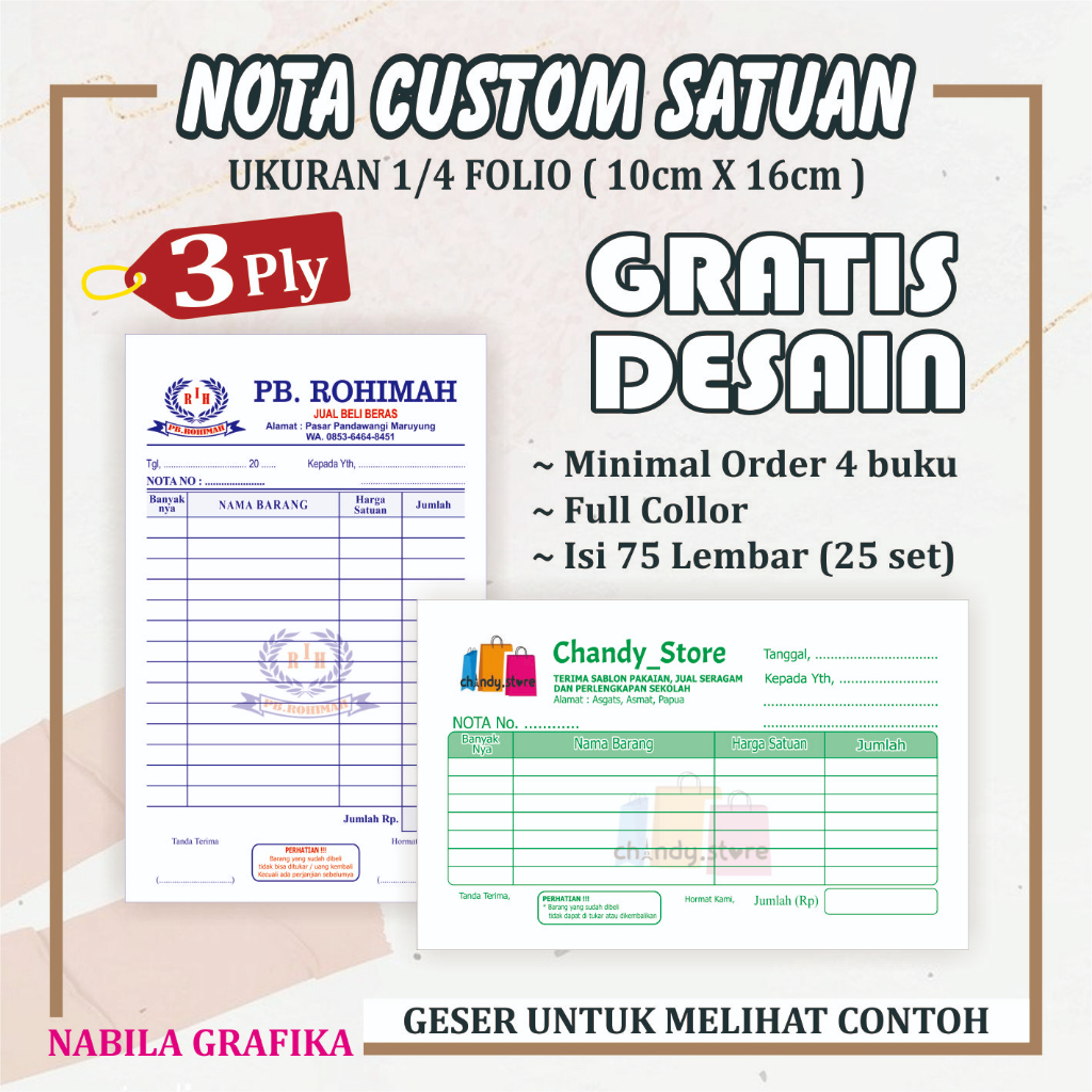 Jual BUKU NOTA CUSTOM 3 PLY ISI 25 SET, CETAK NOTA KONTAN CUSTOM NAMA ...