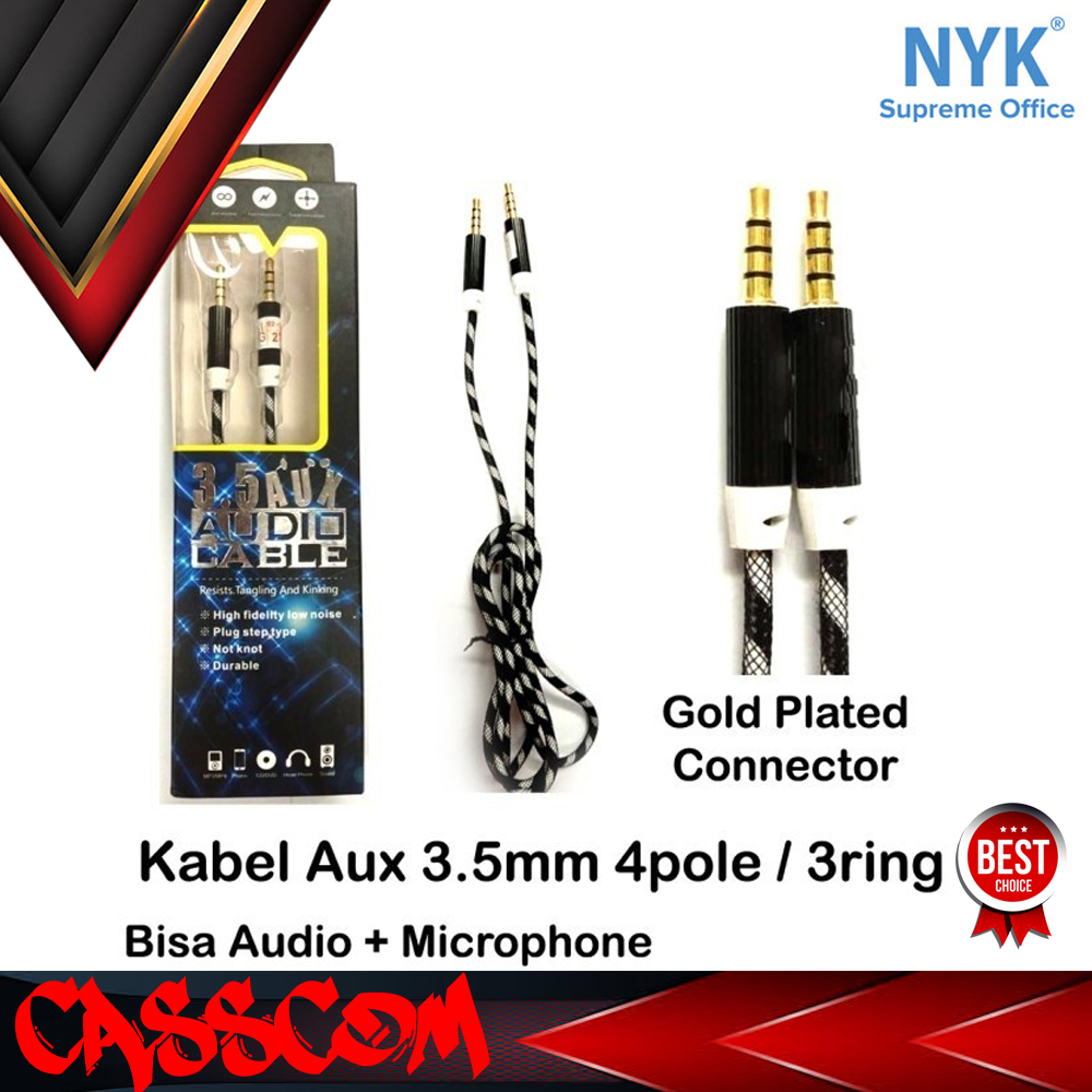 Jual Kabel 1m Aux Audio 3.5 mm male to male 4 pole cable 3 strip Gold ...