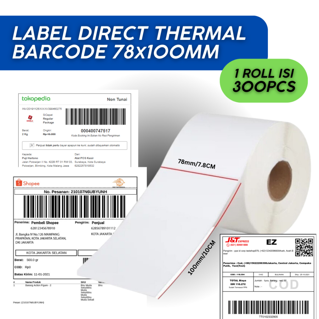 Jual Label Barcode Direct Thermal 1 Kolom 78x100mm [300 PCS] | Shopee Indonesia