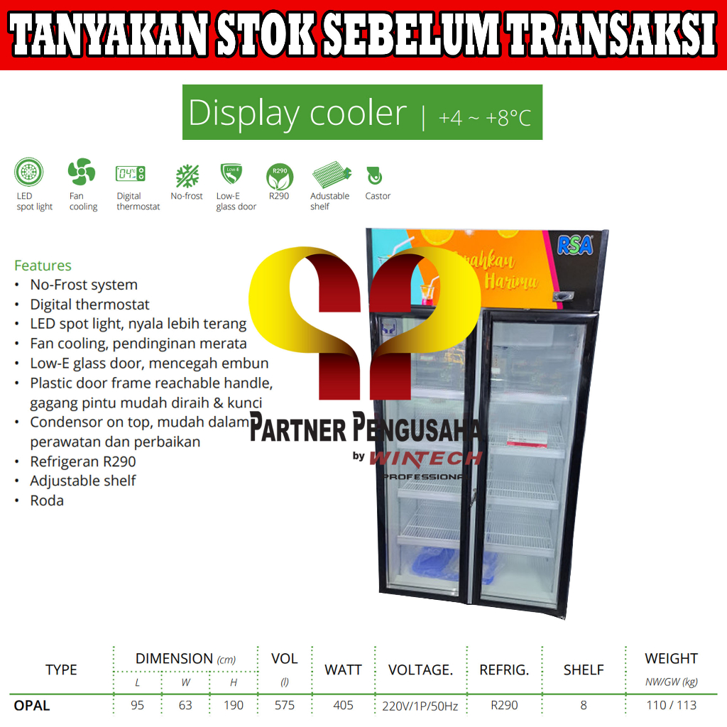 Jual RSA OPAL Showcase 2 Pintu Display Cooler Lemari Kaca Pendingin ...