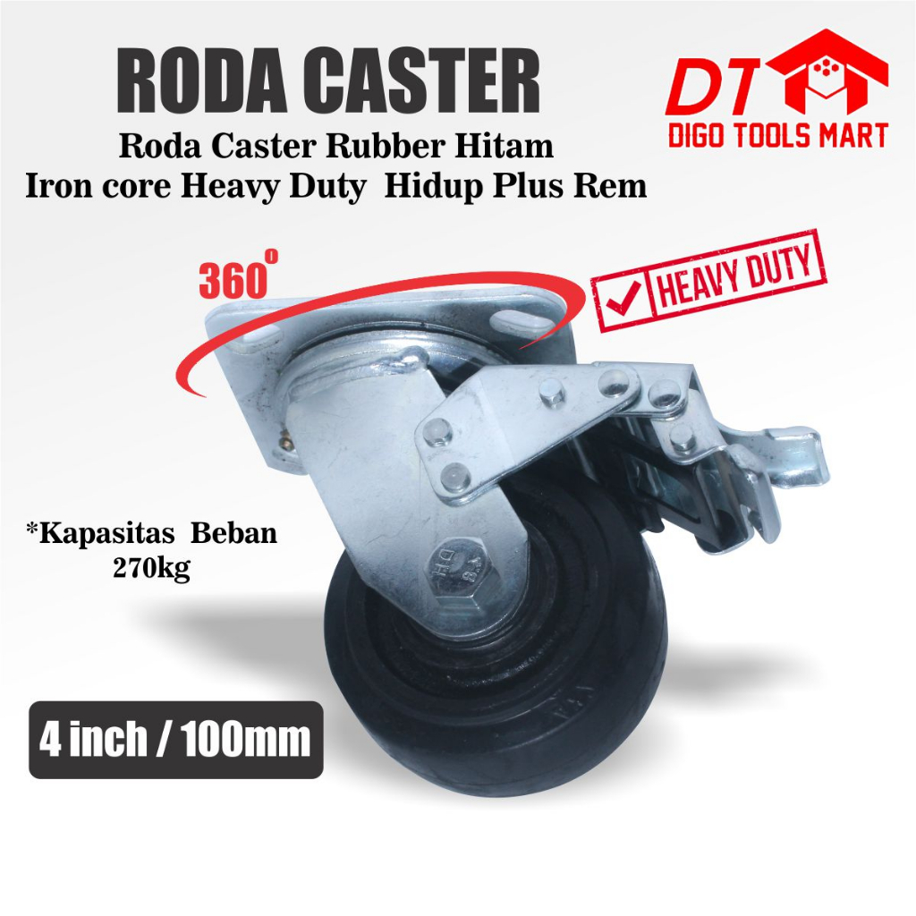 Jual Roda Caster Rubber Hitam 4inci Iron Core Heavy Duty Plus Rem 4inch ...