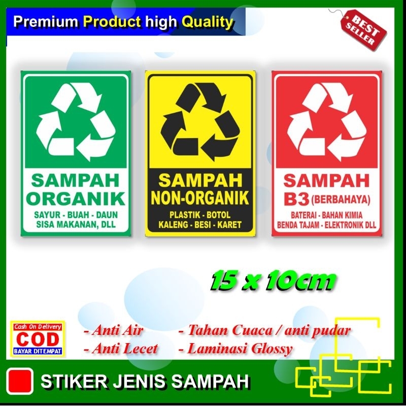 Jual Stiker jenis sampah 3 jenis sticker pemilahan sampah organik non ...