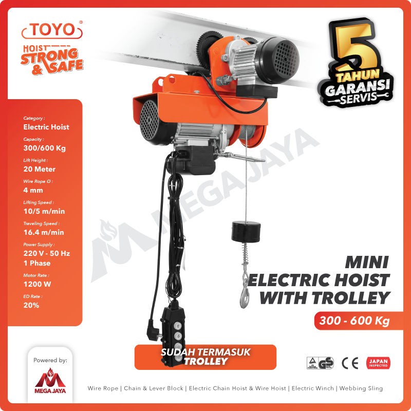 Jual TOYO Mini Electric Hoist Trolley set / Katrol Listrik 300/600Kg x ...