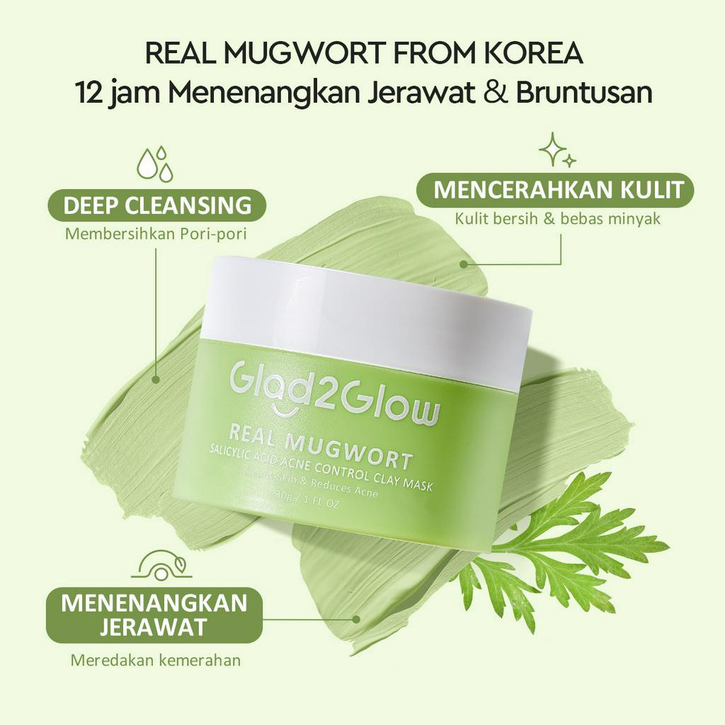 Jual GLAD2GLOW REAL MUGWORT SALICYLIC ACID ACNE CONTROL CLAY MASK 30GR | Shopee Indonesia