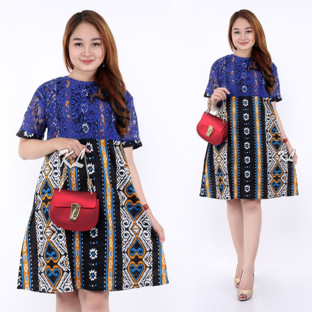 Jual Line Biru Dress Batik Brokat Standar Jumbo LD 100 - 110cm dress ...