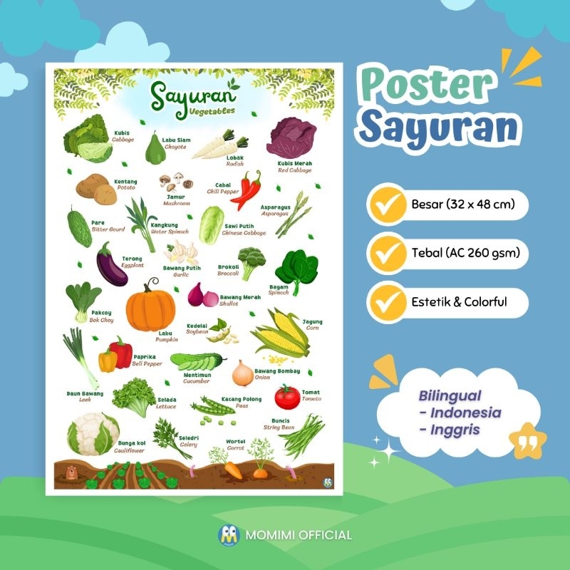 Jual Poster Edukasi Anak Belajar SAYUR SAYURAN Vegetables Bilingual Dua ...
