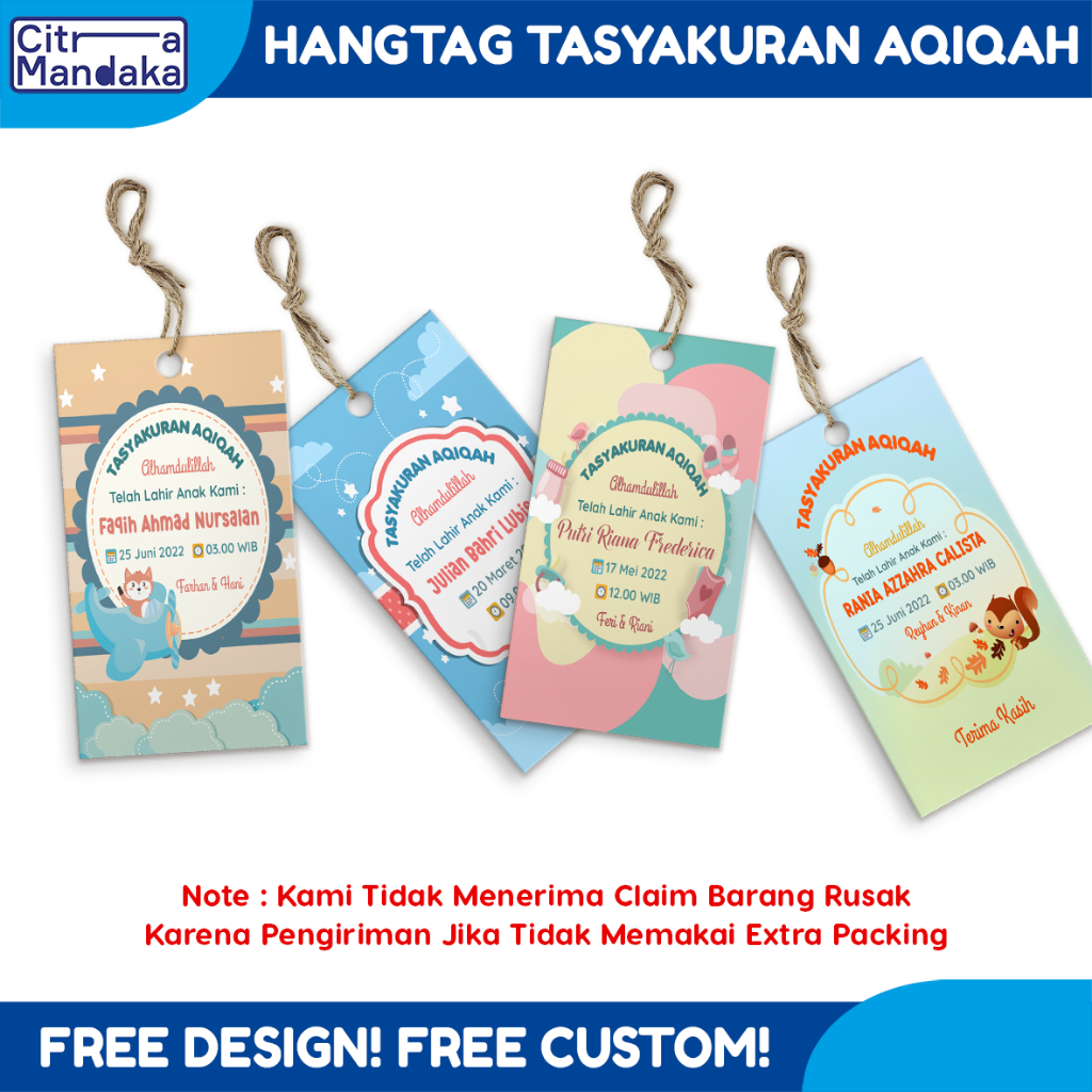 Jual Hang Tag Custom Souvenir Tasyakuran Aqiqah Kelahiran Bayi 1 Sisi ...