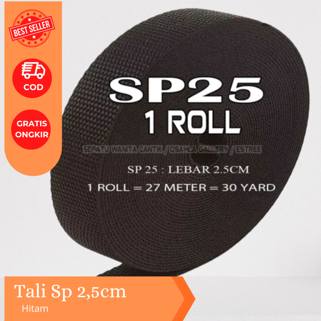 Jual Tali webbing warna Hitam / Tali Webing 2.5 cm Tebal Kuat/ Tali Sling / Tali Webbing / Pita ...