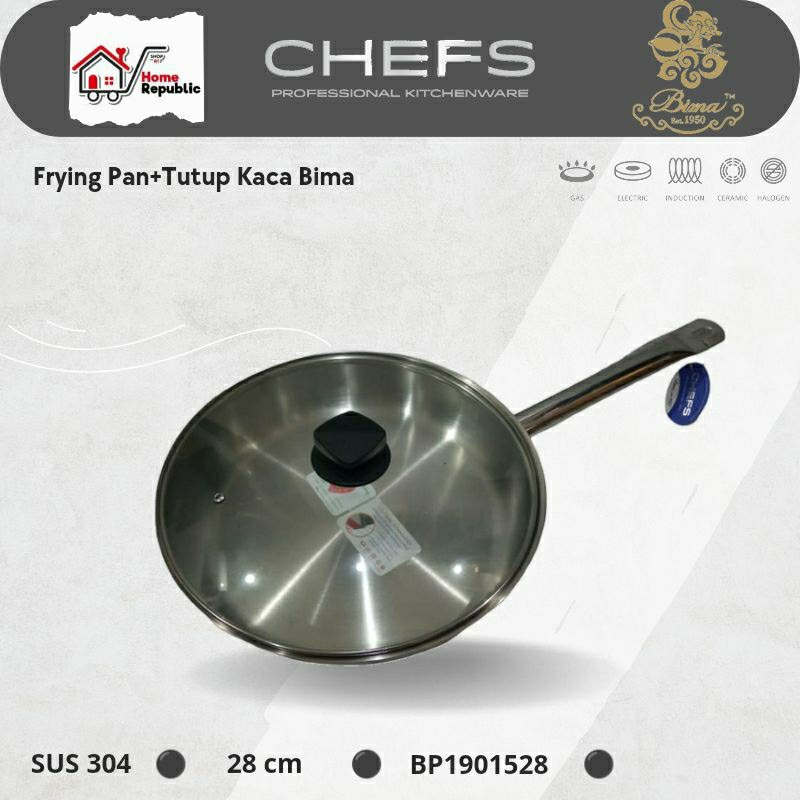 Jual BIMA CHEFS FRYPAN STAINLESS TUTUP KACA 28CM FRY PAN PENGGORENGAN SUS304 BP1901528+TUTUP ...