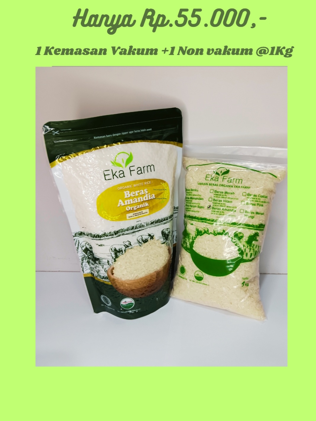 Jual Paket Beras Amandia Eka Farm (1Kemasan Vakum 1Kg+ 1 Non Vakum 1Kg) | Shopee Indonesia