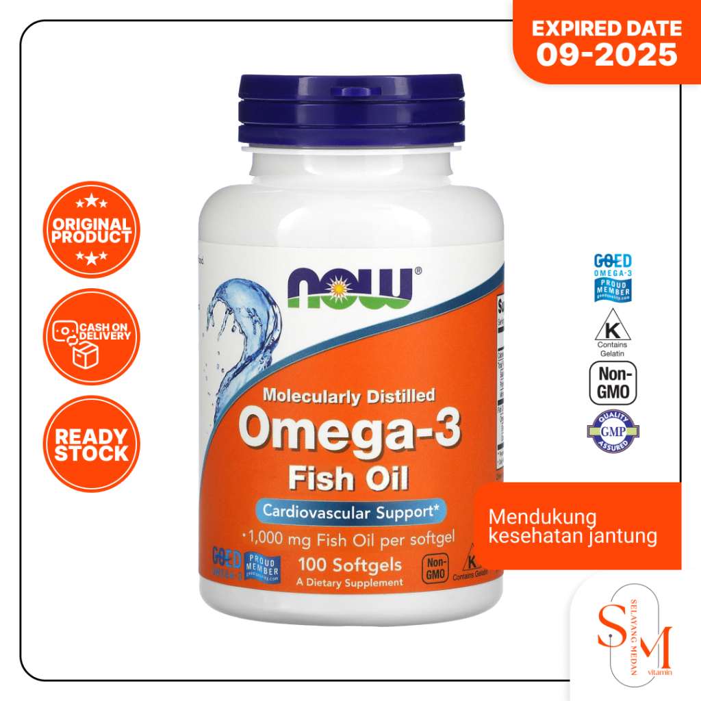 Jual Vitamin Omega-3 1000 mg fish oil 180 EPA 120 DHA Now 100 Softgel - Kolestrol Turun Jantung ...