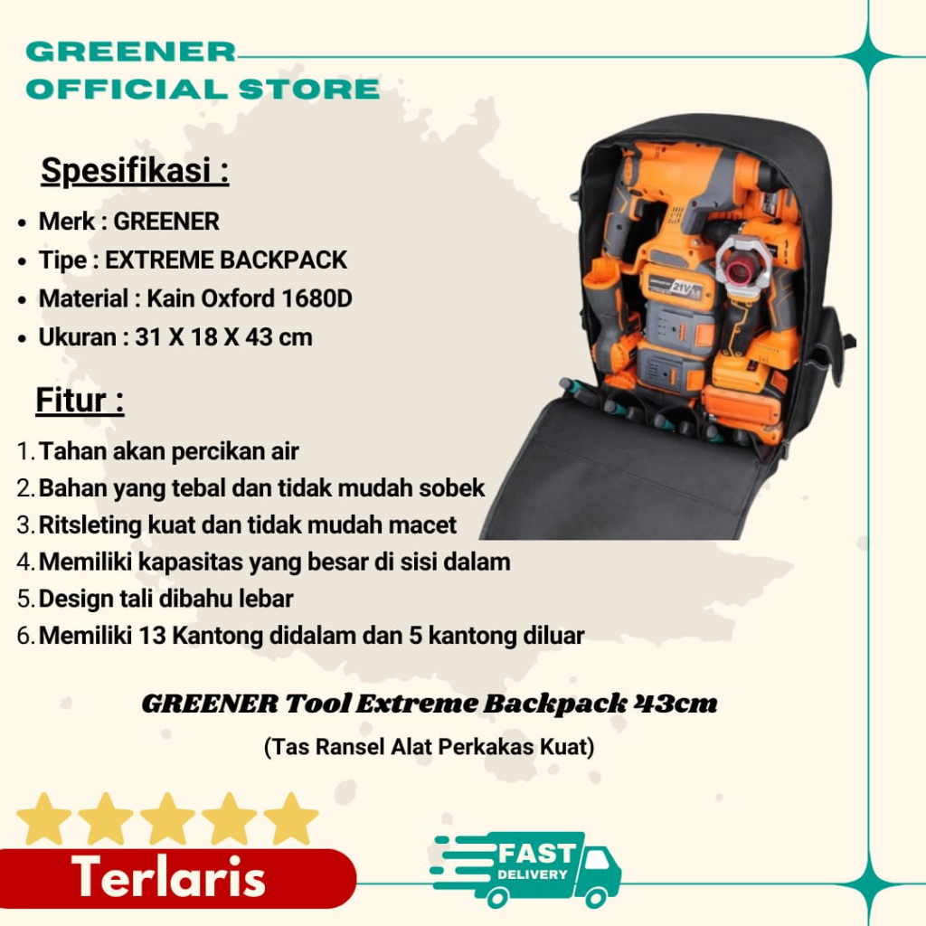 Jual GREENER Tool Extreme Backpack 43 cm - Tas Ransel Alat Perkakas ...