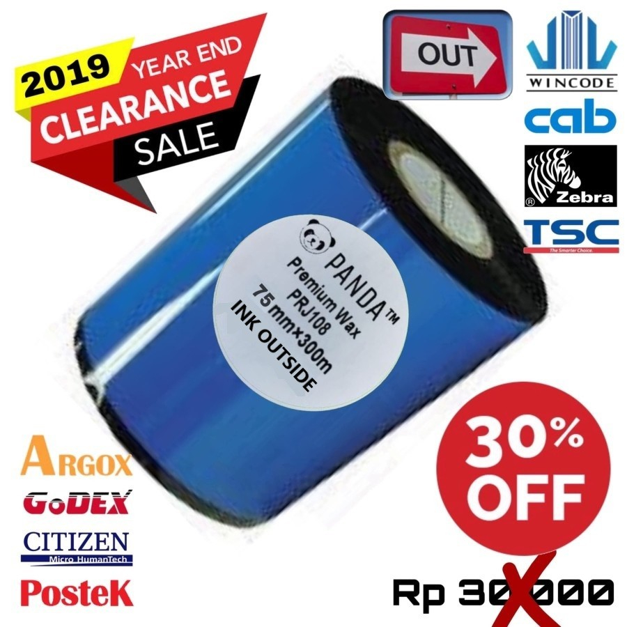 Jual 75mmX300m BARCODE RIBBON WAX (Face Out) PANDA Thermal Transfer ...