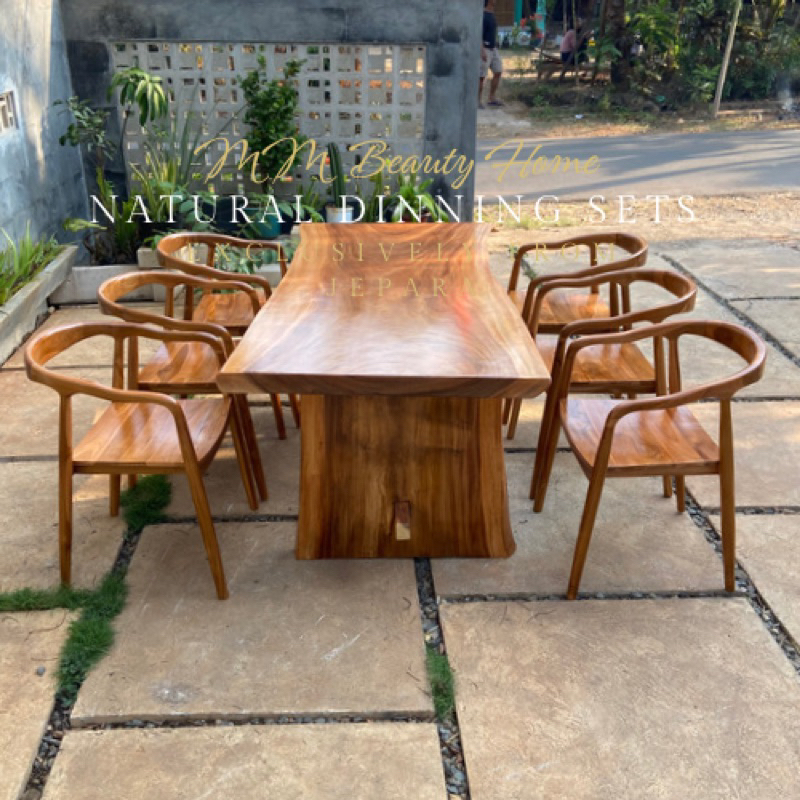 Jual Meja makan set minimalis kekinian material meja kayu trembesi utuh tanpa sambung kombinasi ...