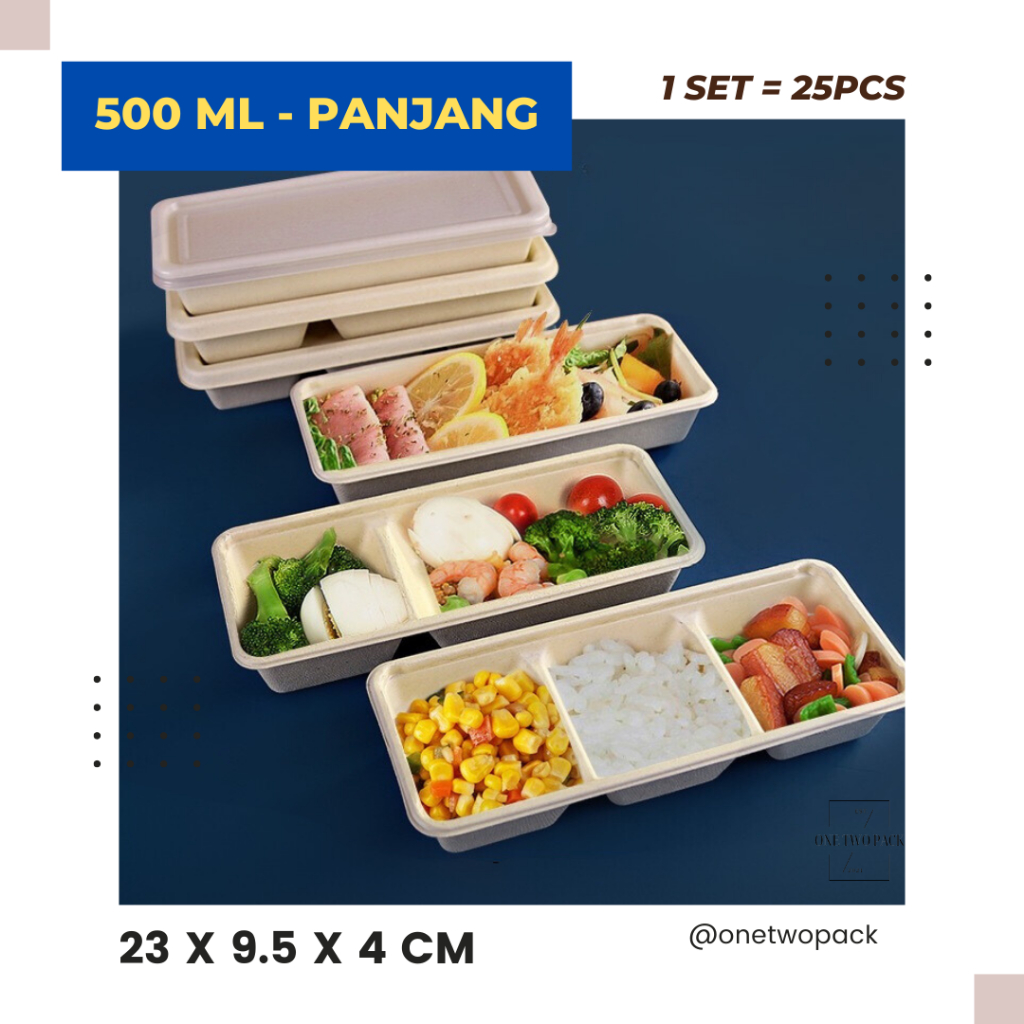 Jual [25 pcs] Bagasse Lunch Box Persegi Panjang 500 mL Dengan Sekat ...