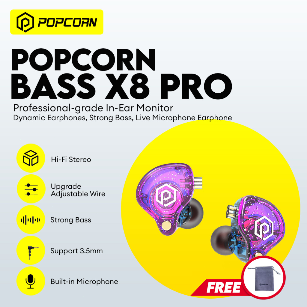 Jual Popcorn BASS X8 PRO with Mic HIFI Full Bass In-Ear Monitor Dynamic ...