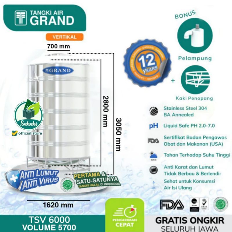 Jual Tandon Air / Toren Air / Tangki Air Stainless Grand TSV 6000 Liter ...