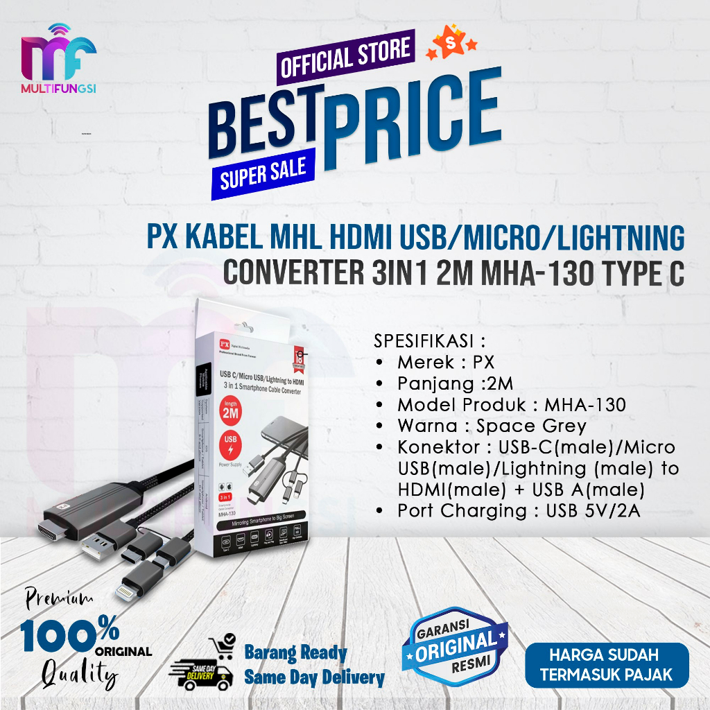 Jual PX Kabel MHL HDMI USB/Micro/Lightning Converter 3in1 2M MHA-130 Type C | Shopee Indonesia