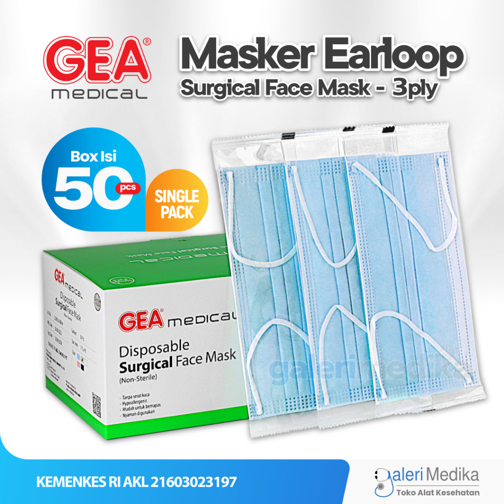Jual Masker Medis GEA Earloop 3ply Isi 50 pcs / Surgical Face Mask GEA ...