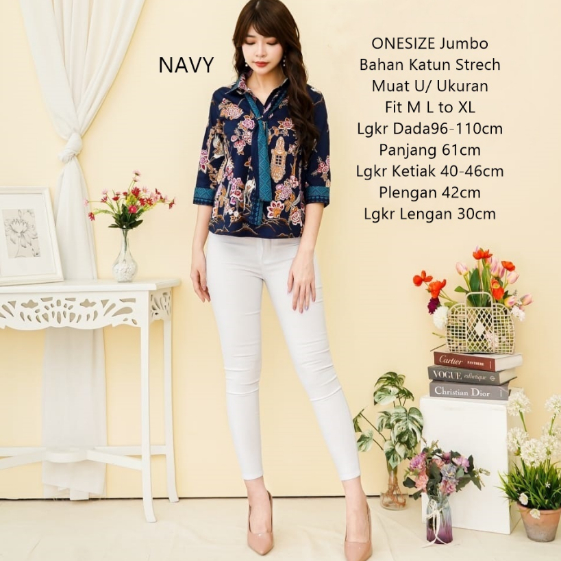 Jual Atasan Wanita Blouse Batik Blue Kerah Kemeja Syal Bisa dilepas Katun Strech Top Adem Biru ...