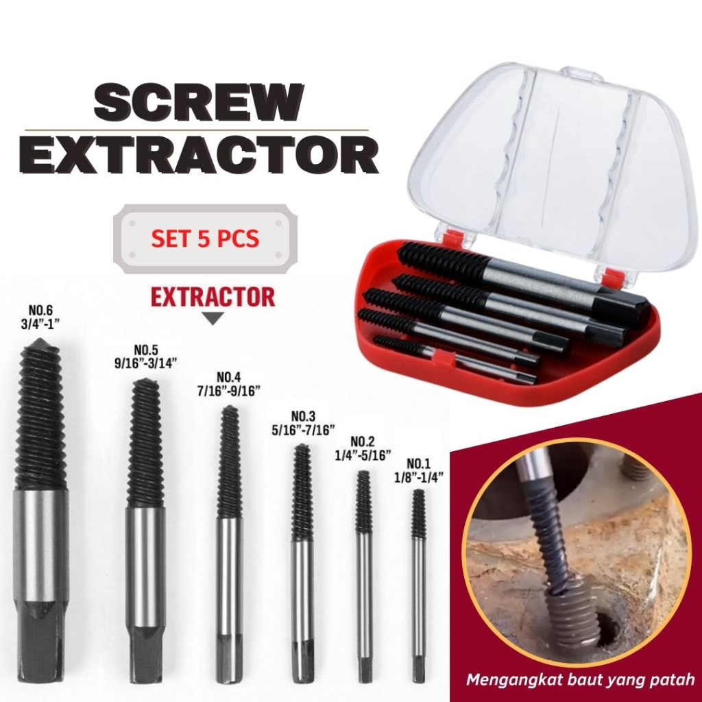 Jual Screw Extractor Set 5 Pcs Alat Cabut Baut Patah Range of 3mm to ...