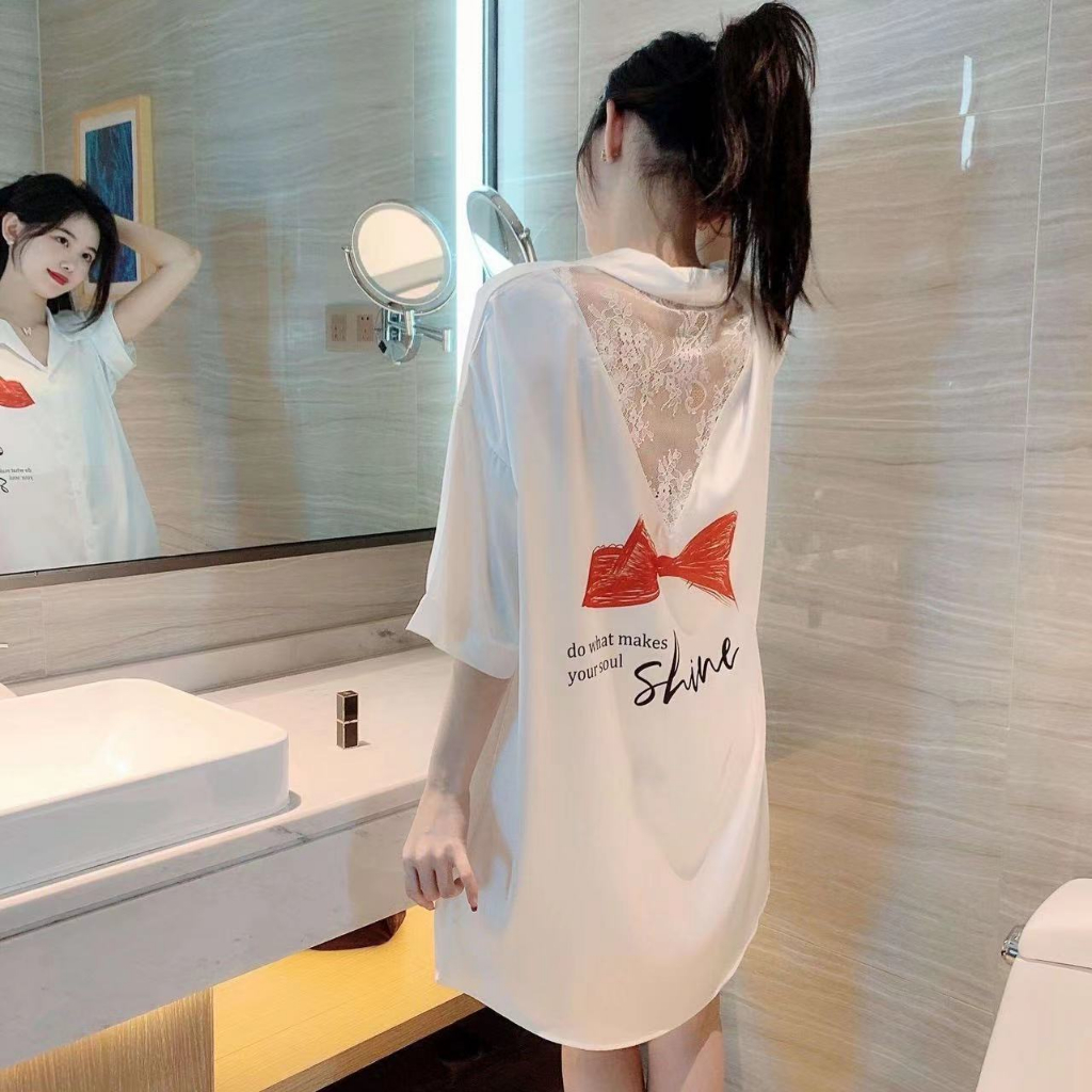 Jual Piyama Dress Tidur Sexy Kemeja Putih Es Silk Kemeja Wanita Baju ...