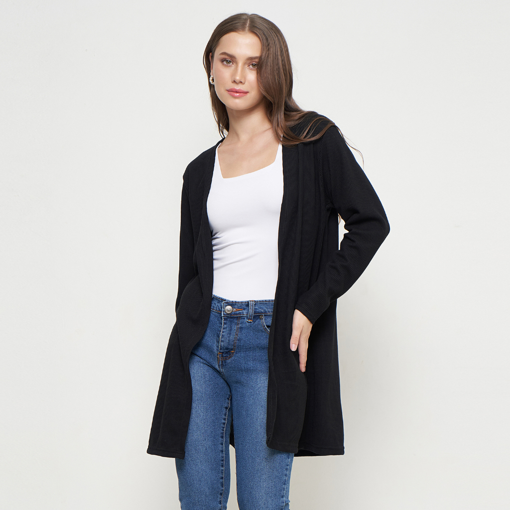 Jual Cardigan Knit Waffle Outer Rajut Wanita Lengan Panjang Hitam SR002 ...