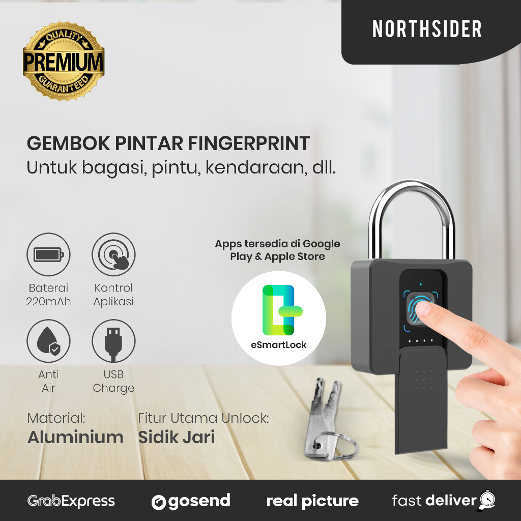Jual Gembok 3in1 fingerprint padlock Esmartlock app kunci waterproof ...