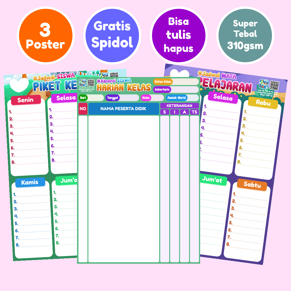 Jual Poster Atribut Kelas 3 poster (Jadwal Pelajaran, Jadwal Piket ...