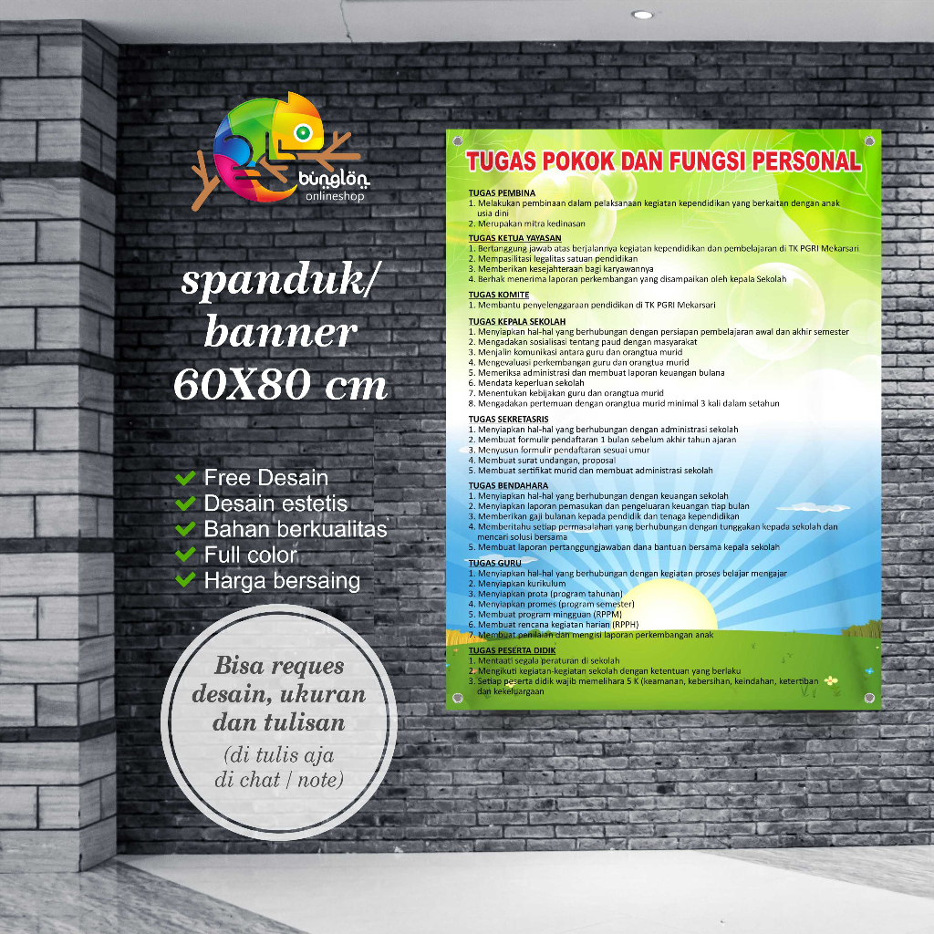 Jual 60X80 Spanduk Banner Tupoksi Tugas Pokok Fungsi TK PAUD KOBER SD ...
