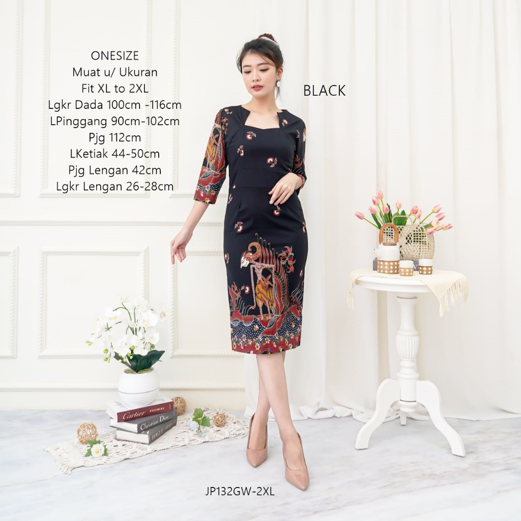 Jual Batik Midi Dress Modern Wanita Big size Jumbo dan Standart Baju Gaun bodycon Batik kerja ...