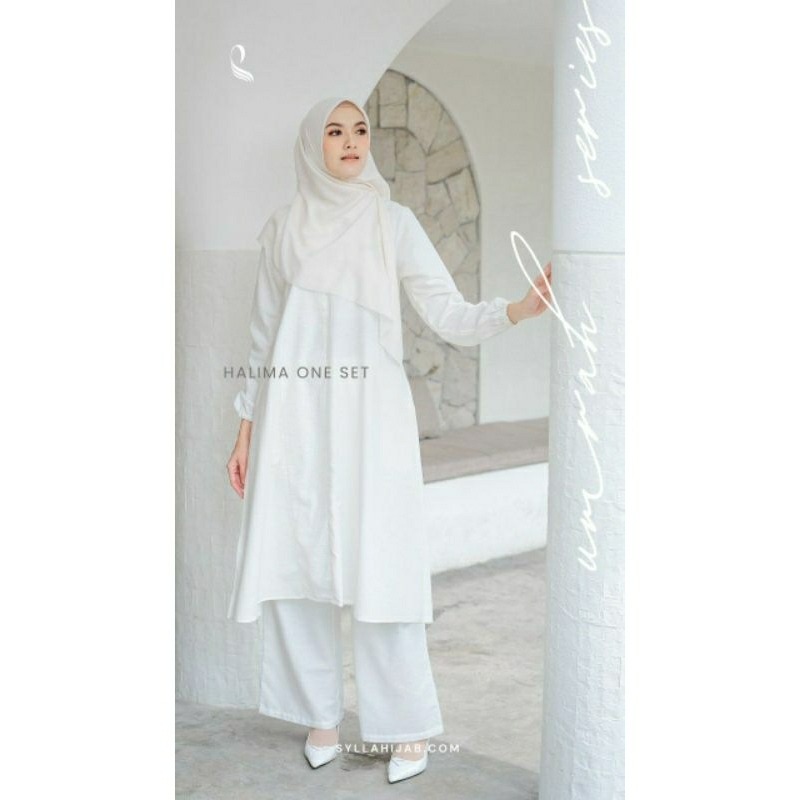 Jual HALIMA ONE SET BY SYLLA Tunik Set Kulot Putih Gading Umroh Haji ...