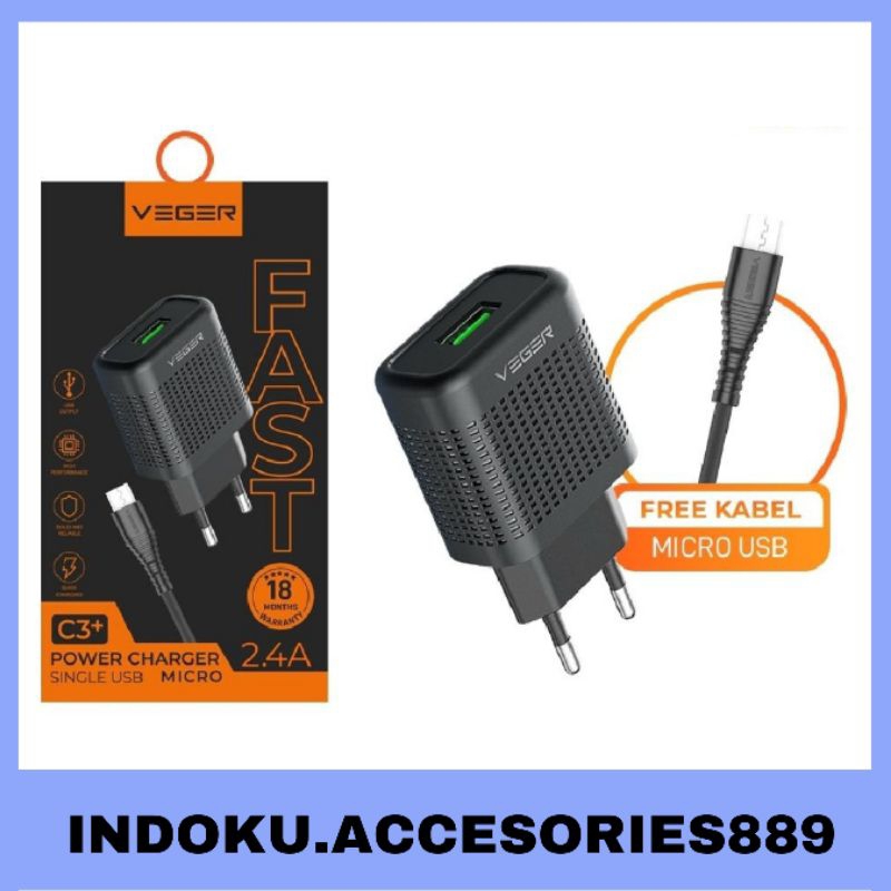Jual VEGER C3+ / power charger VEGER C3+ with kabel MICRO 2.4A Fast ...