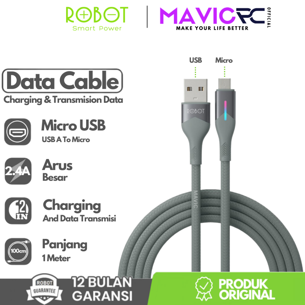 Jual ROBOT RFM100 Cable Kabel Data Charger Micro USB 2.4A 100cm Braided ...