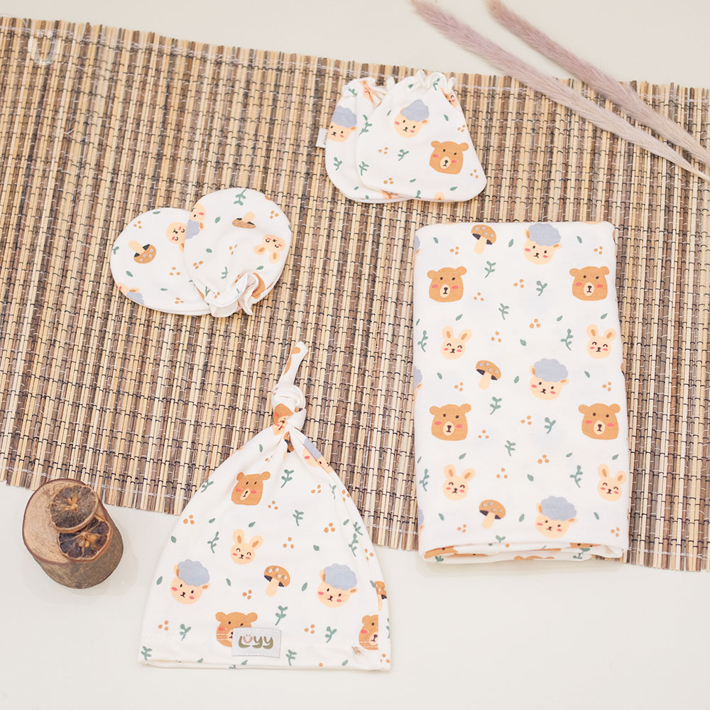 Jual Luyy (Swaddle Package) Paket Bedong Bayi dengan Knot Hat Off White ...