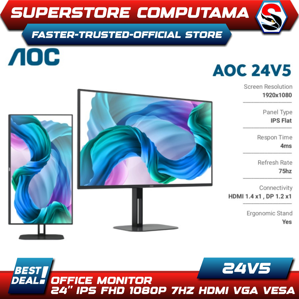 Jual Monitor LED AOC 24V5 24" IPS 1080p 75Hz Ergonomic Stand Pivot ...