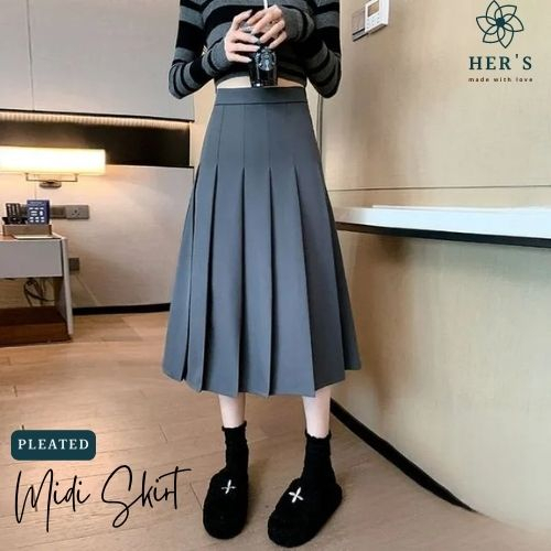 Jual Her's - Naya Midi Skirt - High Waist Plain Pleated Midi A-Line ...