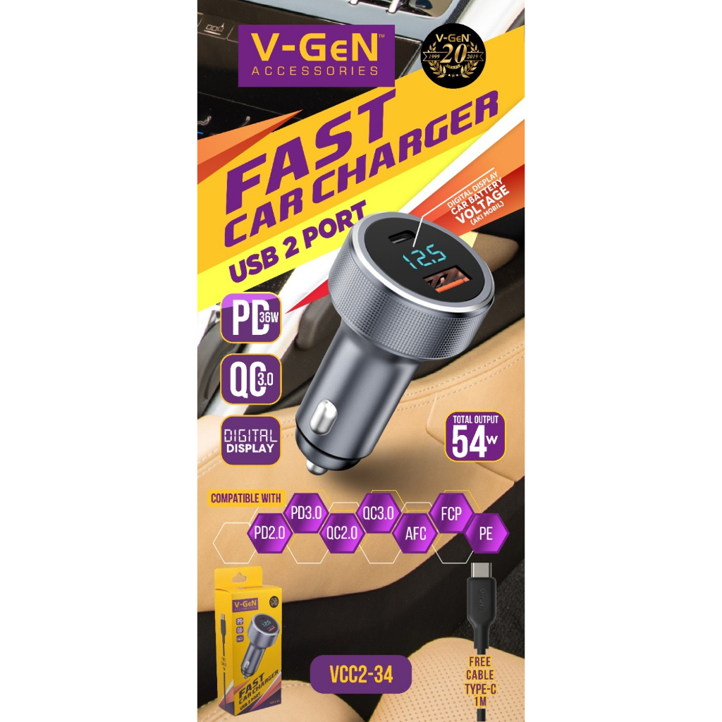 Jual Car Charger V-GeN VCC2-34 Dual Fast Charging QC 3.0 PD Total 54W ...