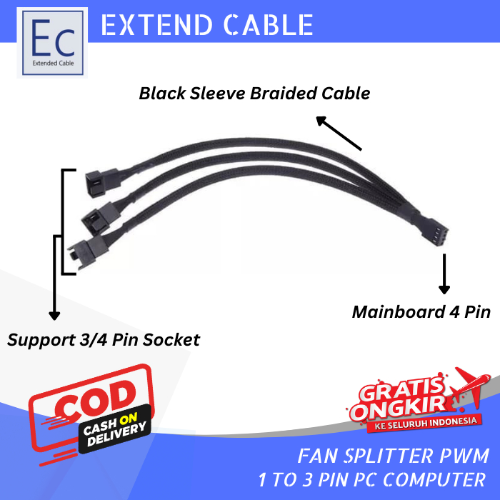 Jual Kabel Fan Hub Cable Sleeve PWM 1 to 3 pin Splitter Extension ...