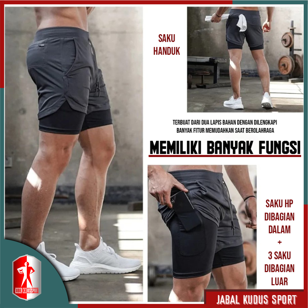 Jual Celana Pendek Olahraga Lari Jogging Fitness Gym Pria Wanita Double ...