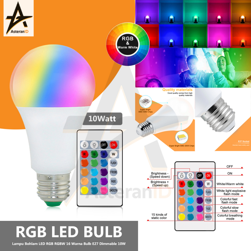 Jual Lampu Bohlam RGB dengan Remote Control E27 10Watt | Shopee Indonesia