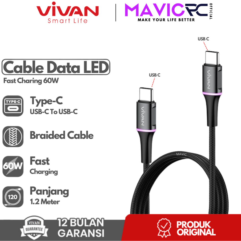 Jual VIVAN VDCC120 Cable Kabel Data LED Light Type C To USB-C 60W Fast ...