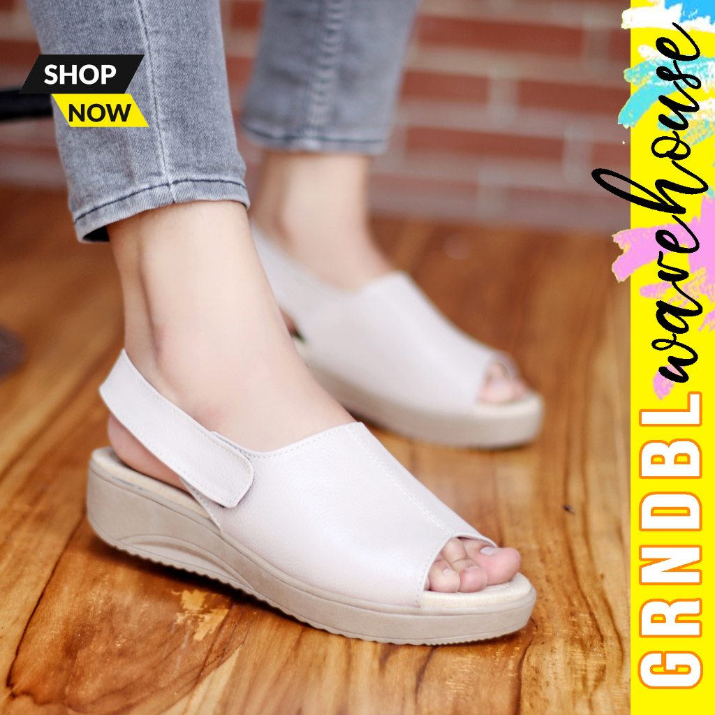 Jual GRNDBL X DAYANA Sandal Sendal Wedges 5 Cm Selop Slop Kulit asli ...