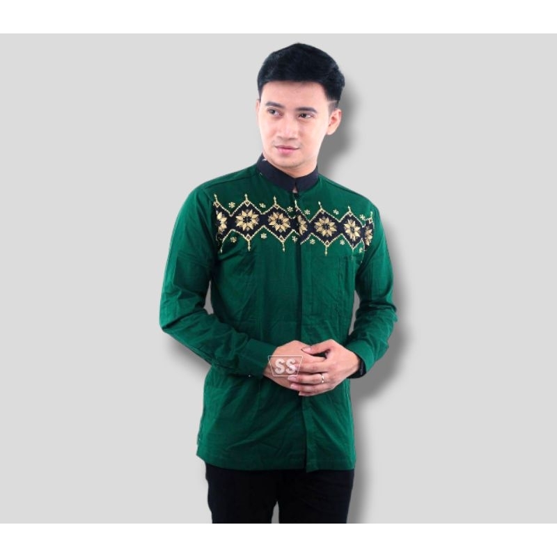 Jual Baju Koko Bordir Lengan Panjang pria Dewasa Warna Hijau | Koko Guz ...