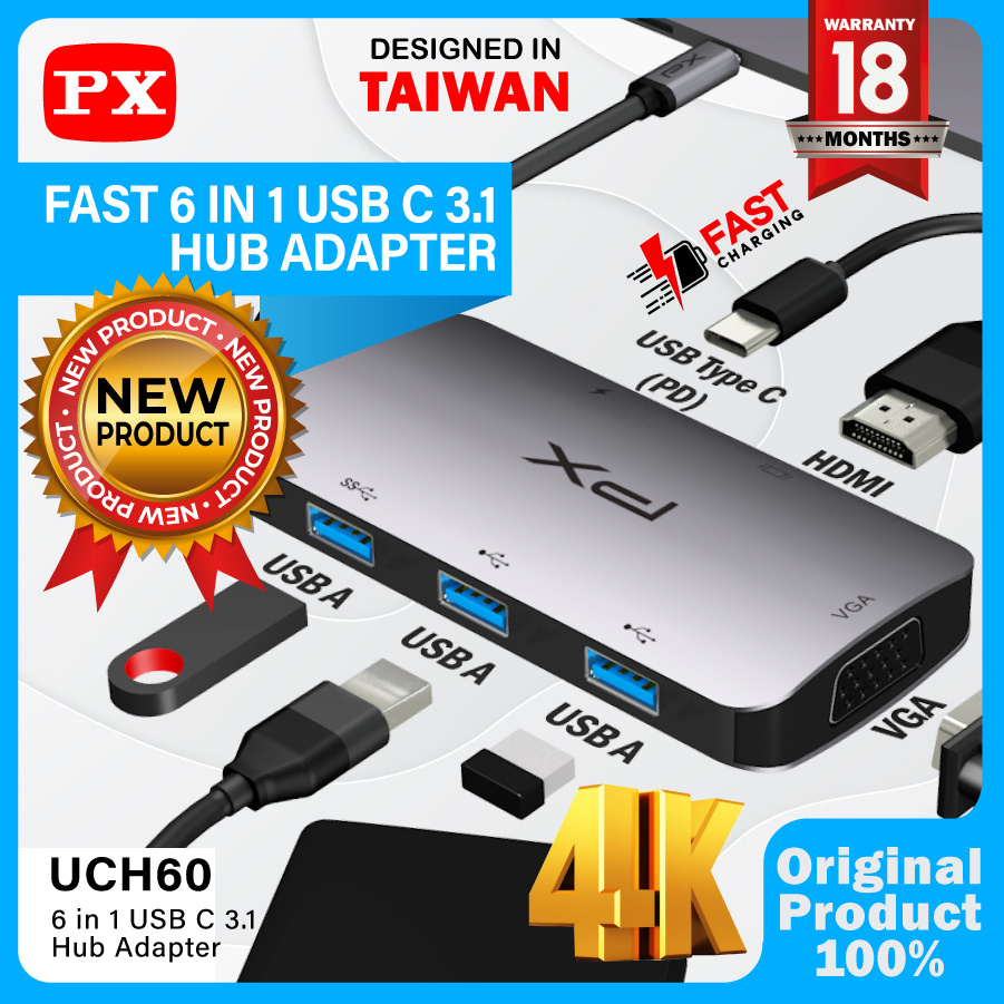 Jual Hub Converter USB Type C 3.1 to HDMI 4K VGA USB 6 in 1 PX UCH60 ...