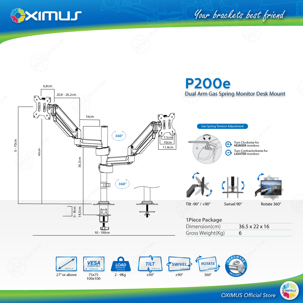 Jual BRACKET MONITOR DESKMOUNT GAS SPRING OXIMUS P200e TILT SWIVEL ...