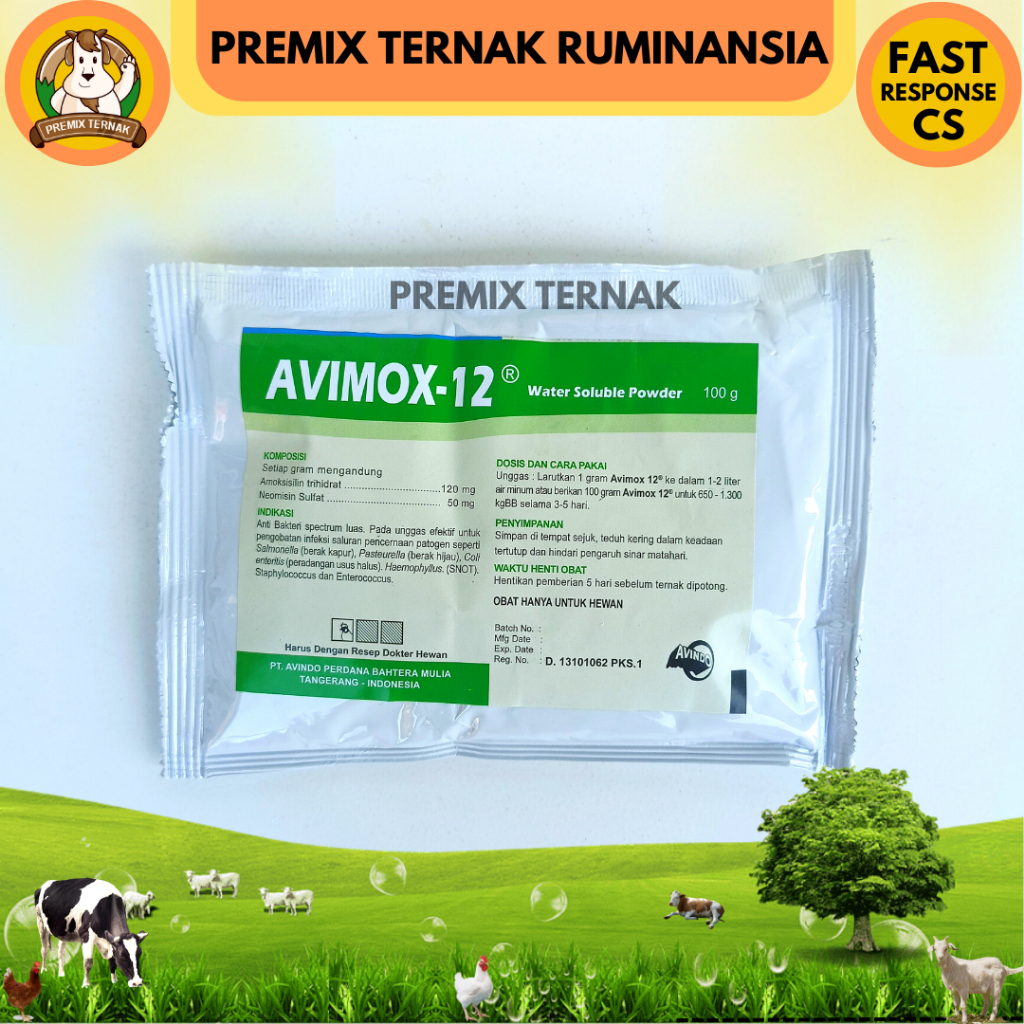 Jual AVIMOX 12 100 GRAM - Obat Snot Coli Berak kapur Berak hijau dan ...