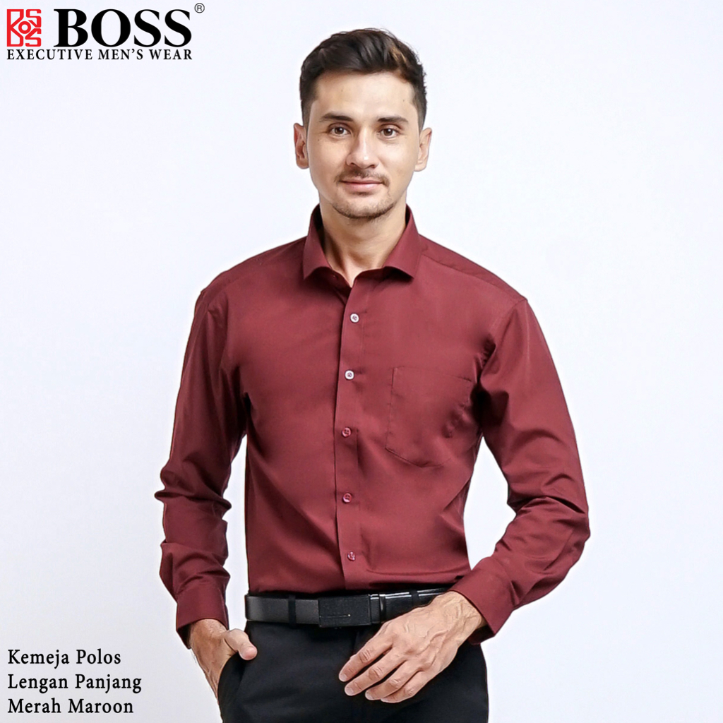 Jual BOSS Kemeja Polos Pria Lengan Panjang Merah Maroon | Shopee Indonesia